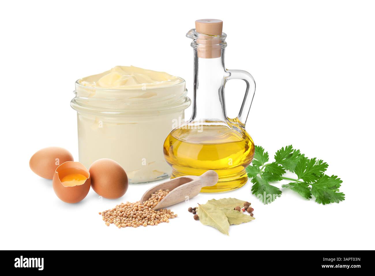 Mayonnaise ingredients and prepared sauce on white background Stock ...