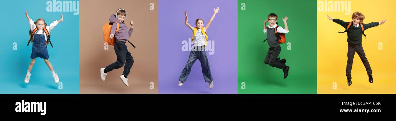 Cute school children with backpacks on different color backgrounds ...