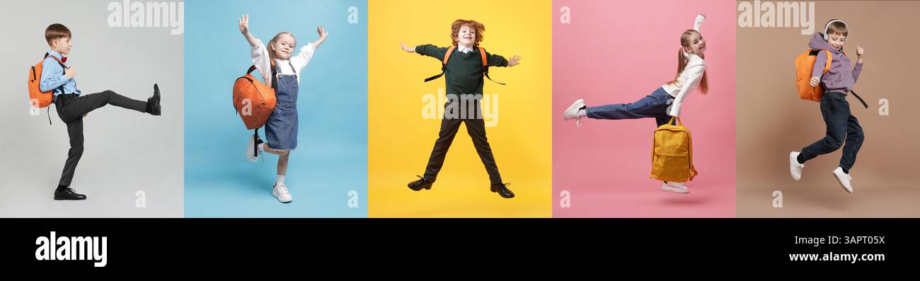 Cute school children with backpacks on different color backgrounds ...