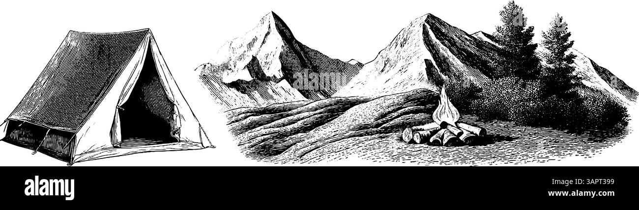 Camping adventure: engraved illustration of mountain, tent, and ...