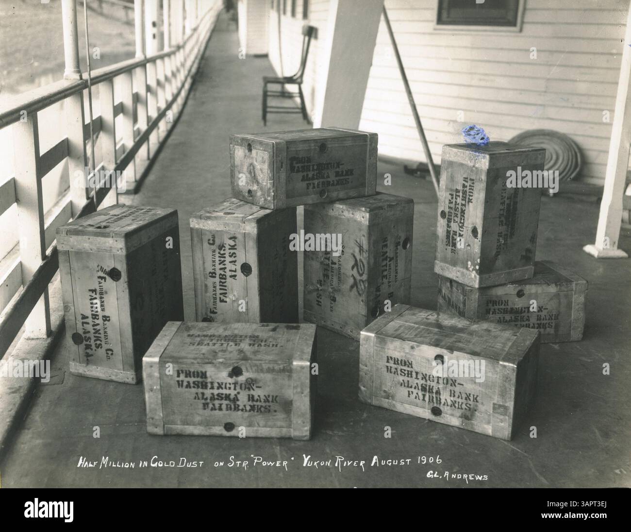 The photograph features crates labeled with 'Fairbanks, Alaska' aboard ...