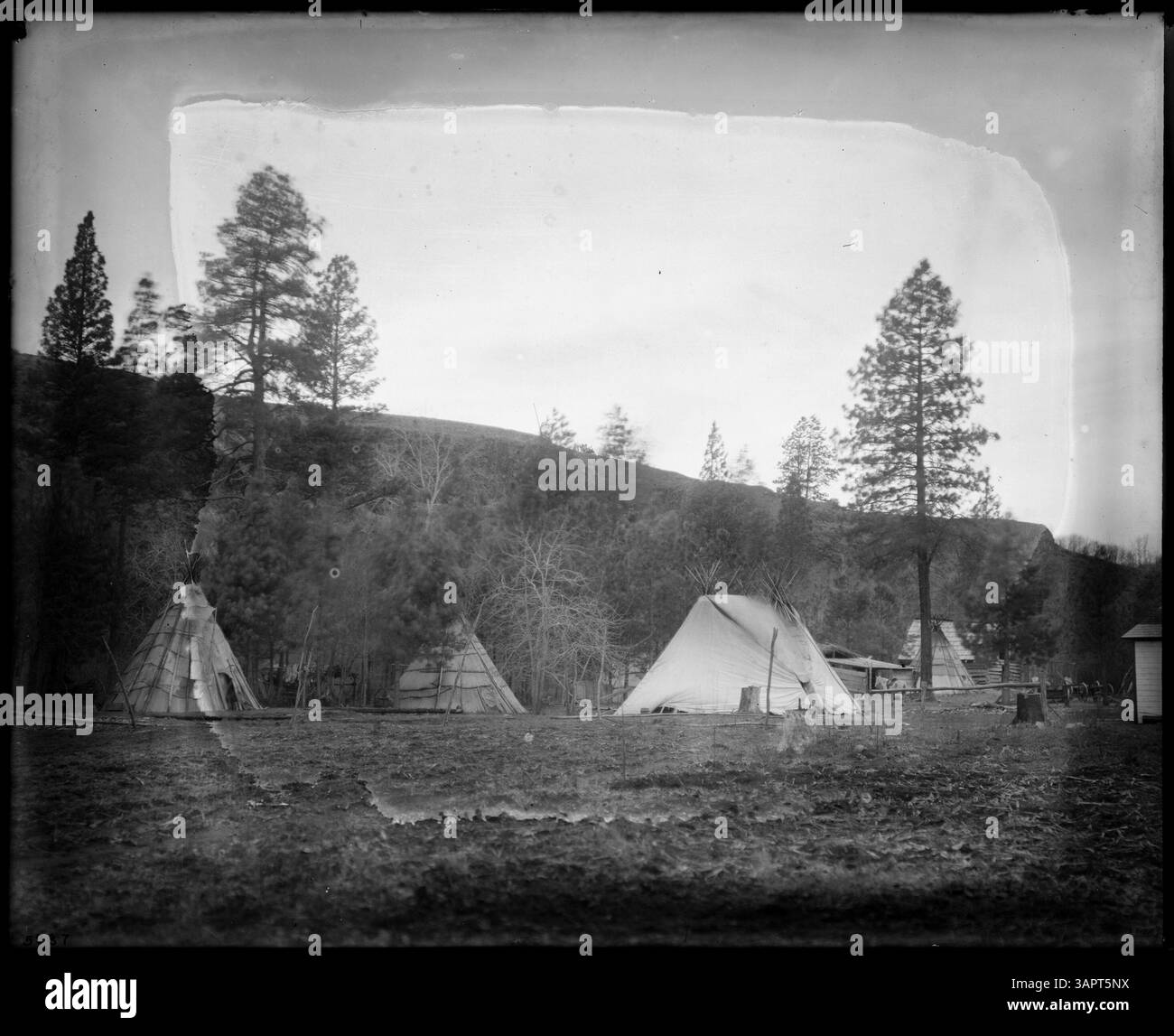 A photograph depicting a Native American encampment in a clearing near ...