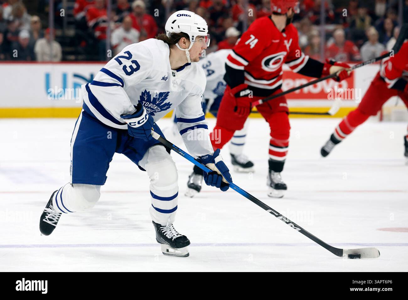Toronto Maple Leafs' Matthew Knies (23) skates with the puck against ...