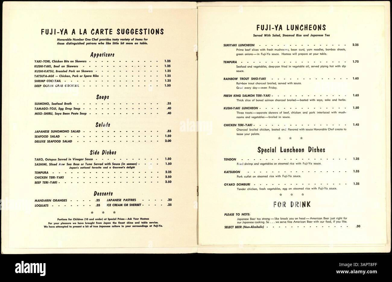 The Fuji-Ya menu booklet, featuring Japanese cuisine, includes a ...