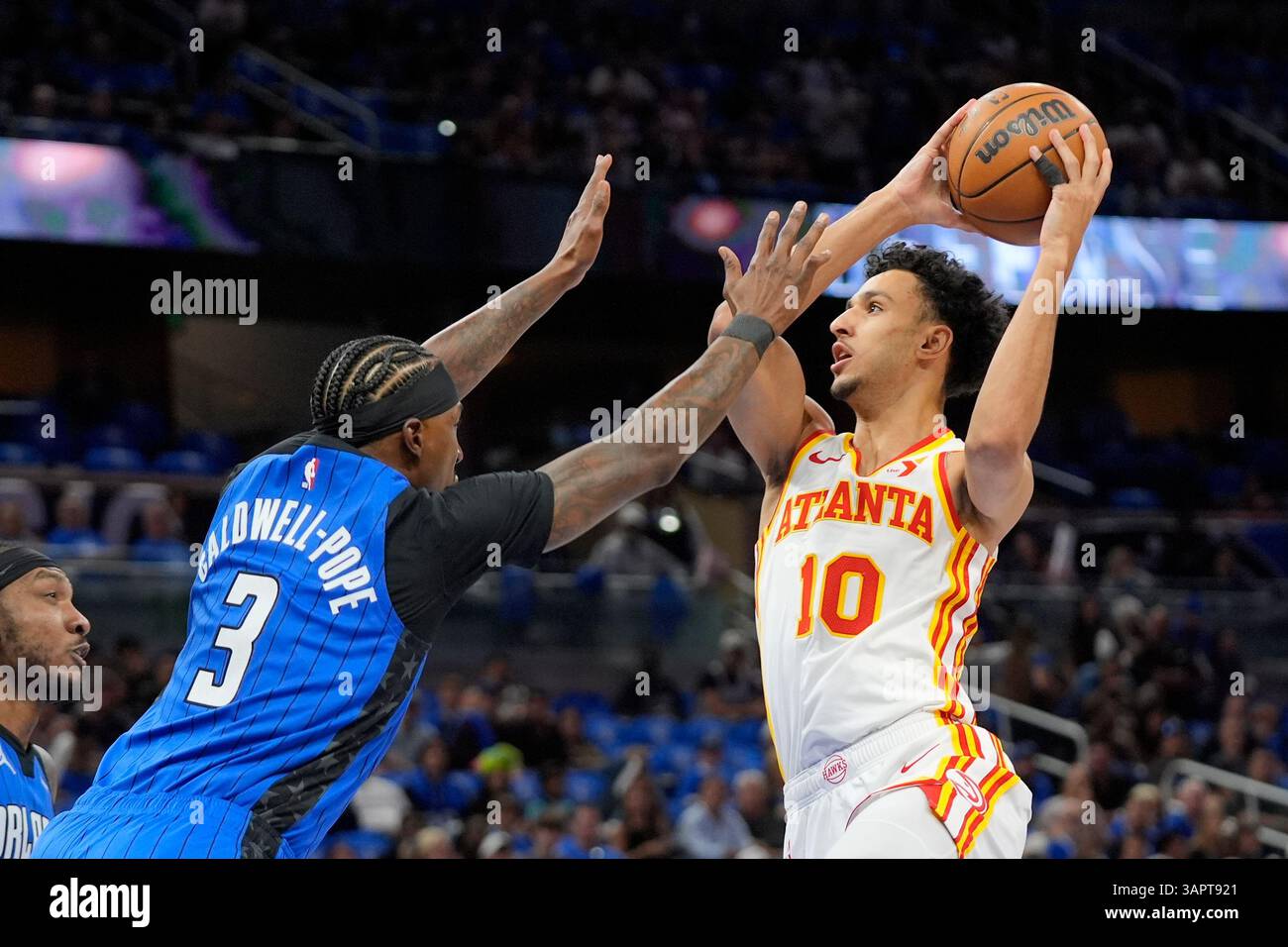 Atlanta Hawks forward Zaccharie Risacher (10) shoots over Orlando Magic ...