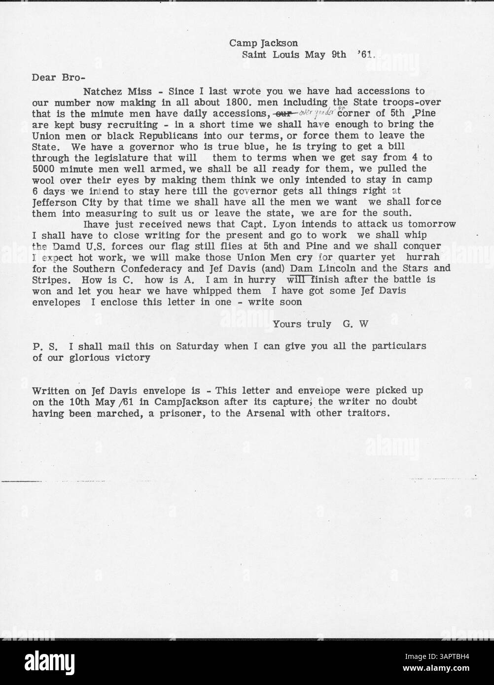 This letter, signed by G.W. Camp Jackson in St. Louis on May 9, 1861 ...