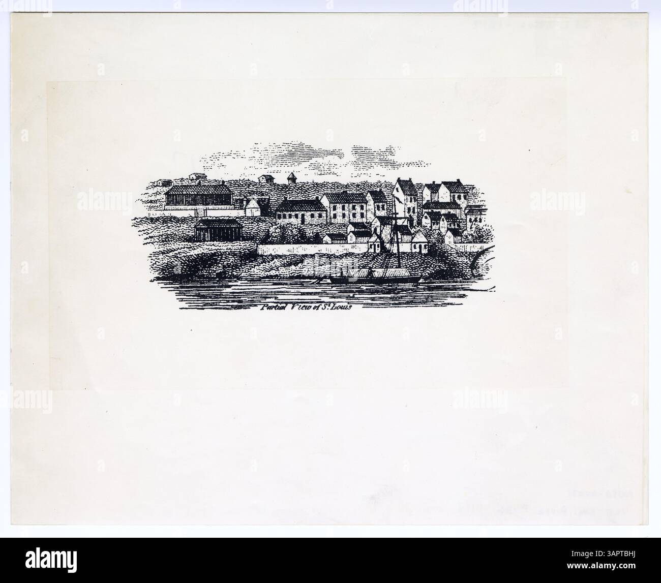 A pen and ink drawing of St. Louis in 1817, showing buildings along the ...