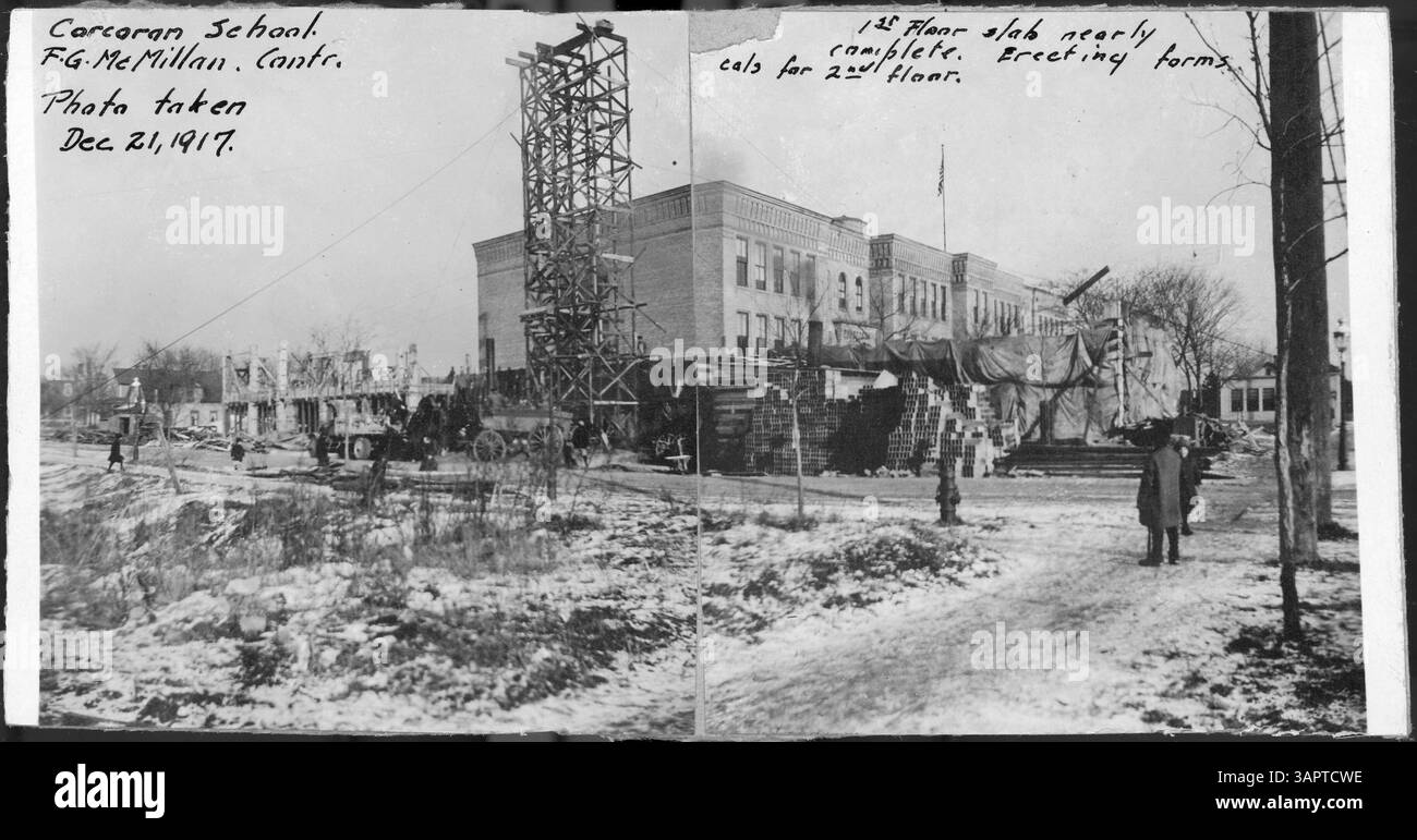 This photograph shows the under-construction addition to Corcoran School, with the first-floor ...