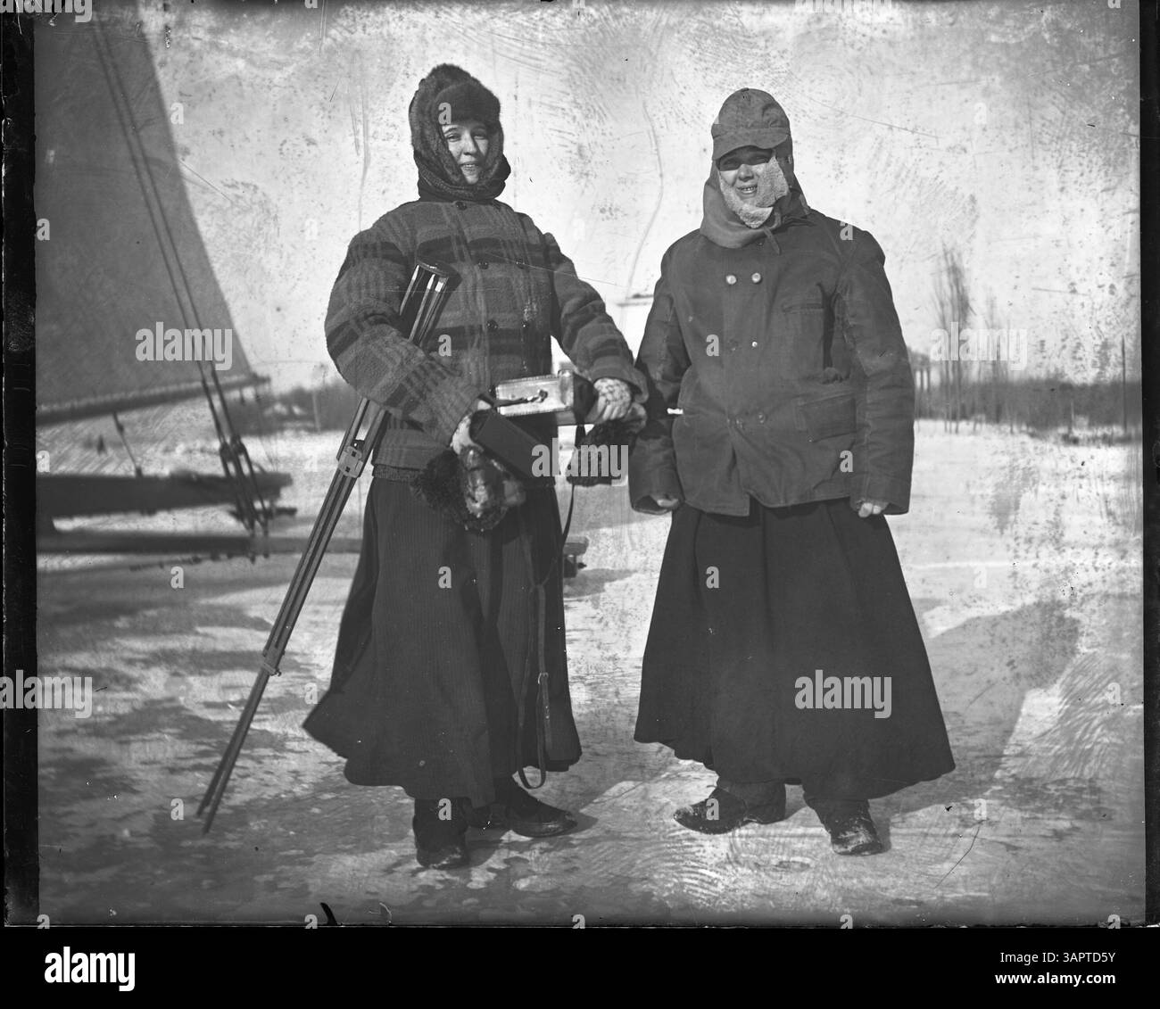 This photograph shows a group of women ice boating on Lake Minnetonka ...