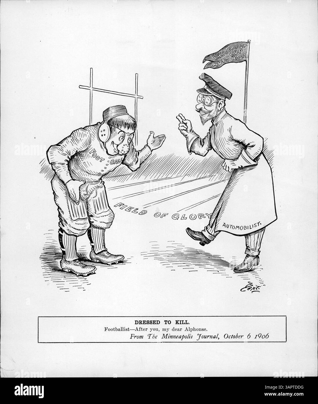 The 'Dressed To Kill' political cartoon contrasts a football player and ...