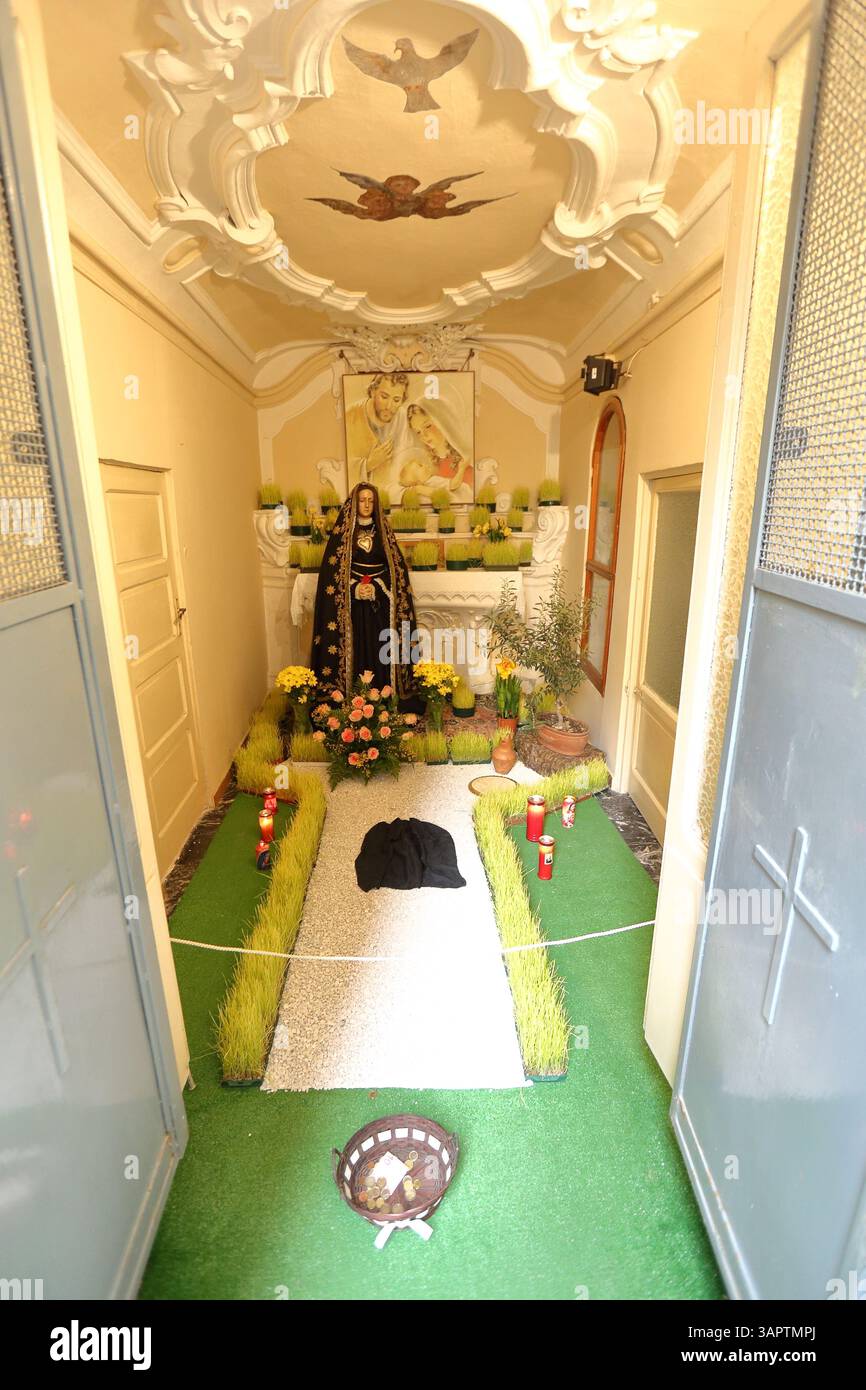 Statues of the procession of the Dead Christ inside the church on the ...