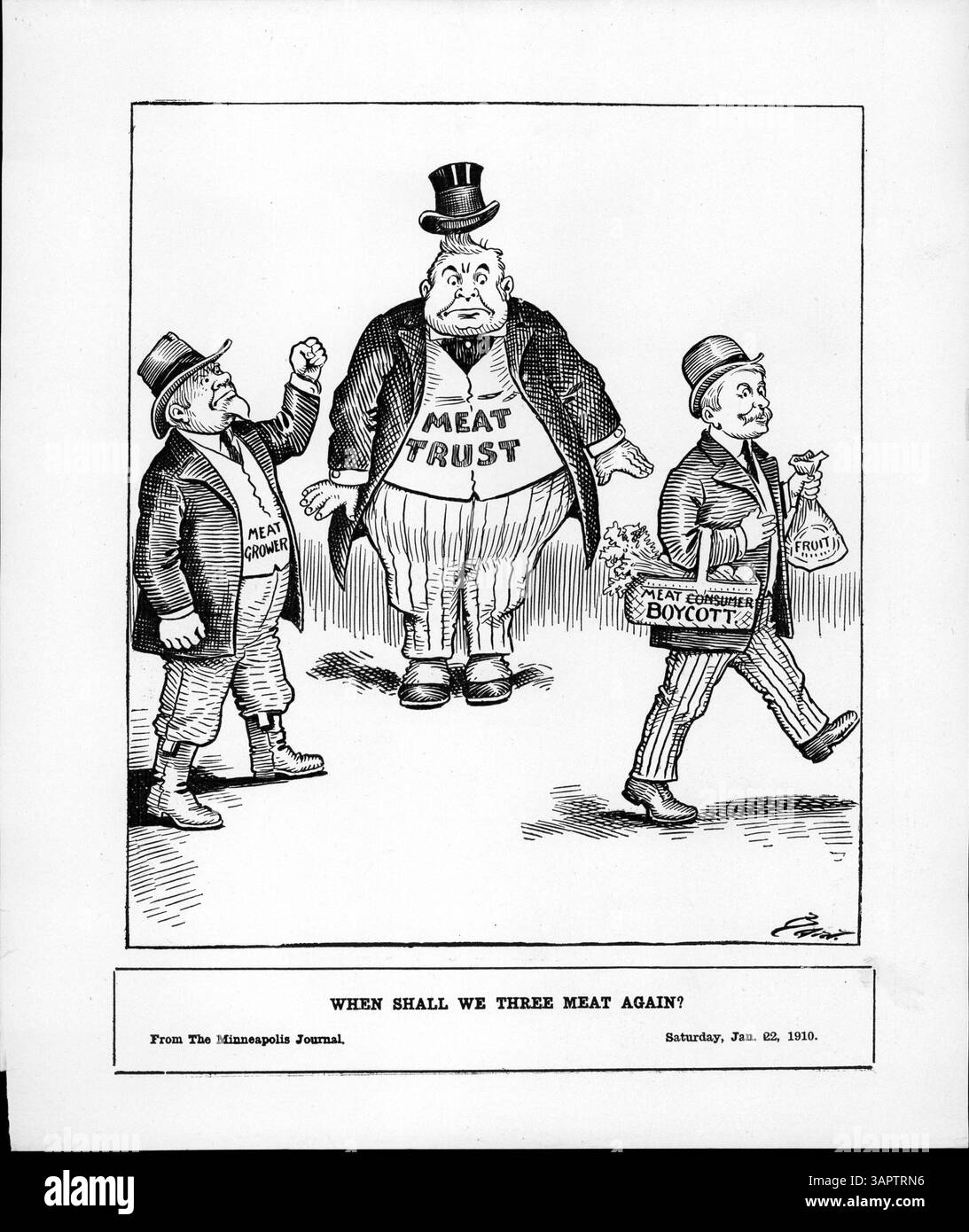 This cartoon depicts a man with a basket labeled 'Meat Boycott' walking ...
