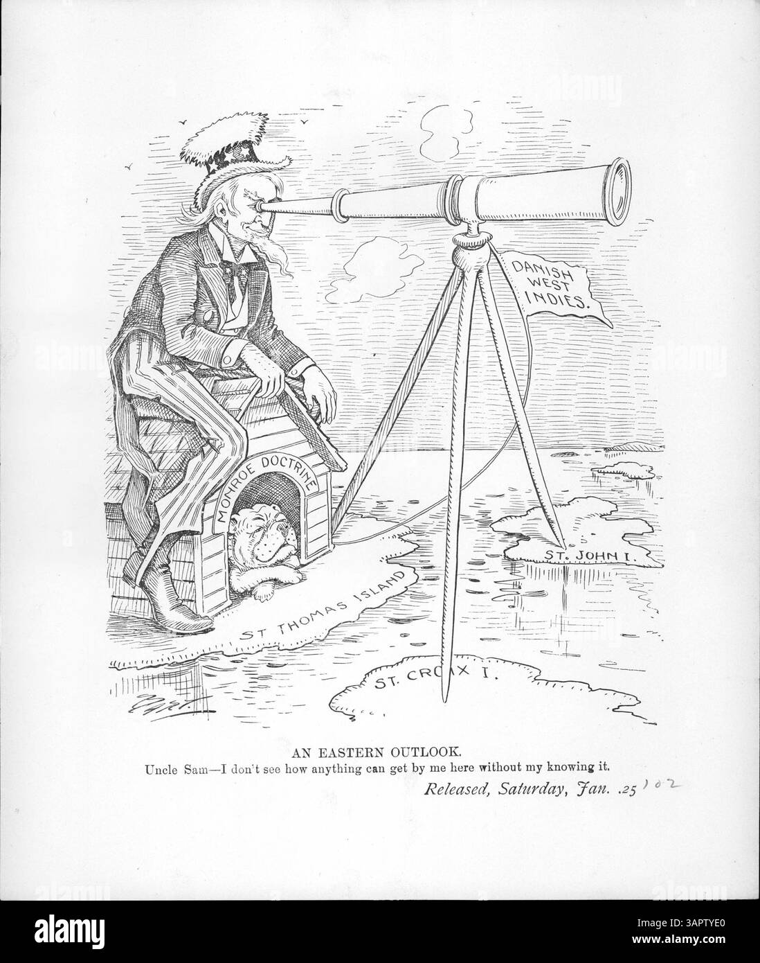 This political cartoon shows Uncle Sam observing the Danish West Indies ...