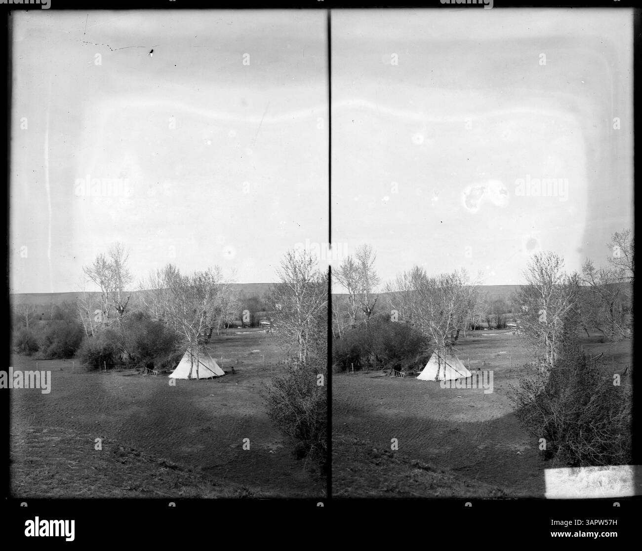 This stereograph photograph by Lee Moorhouse shows a tipi, a ...