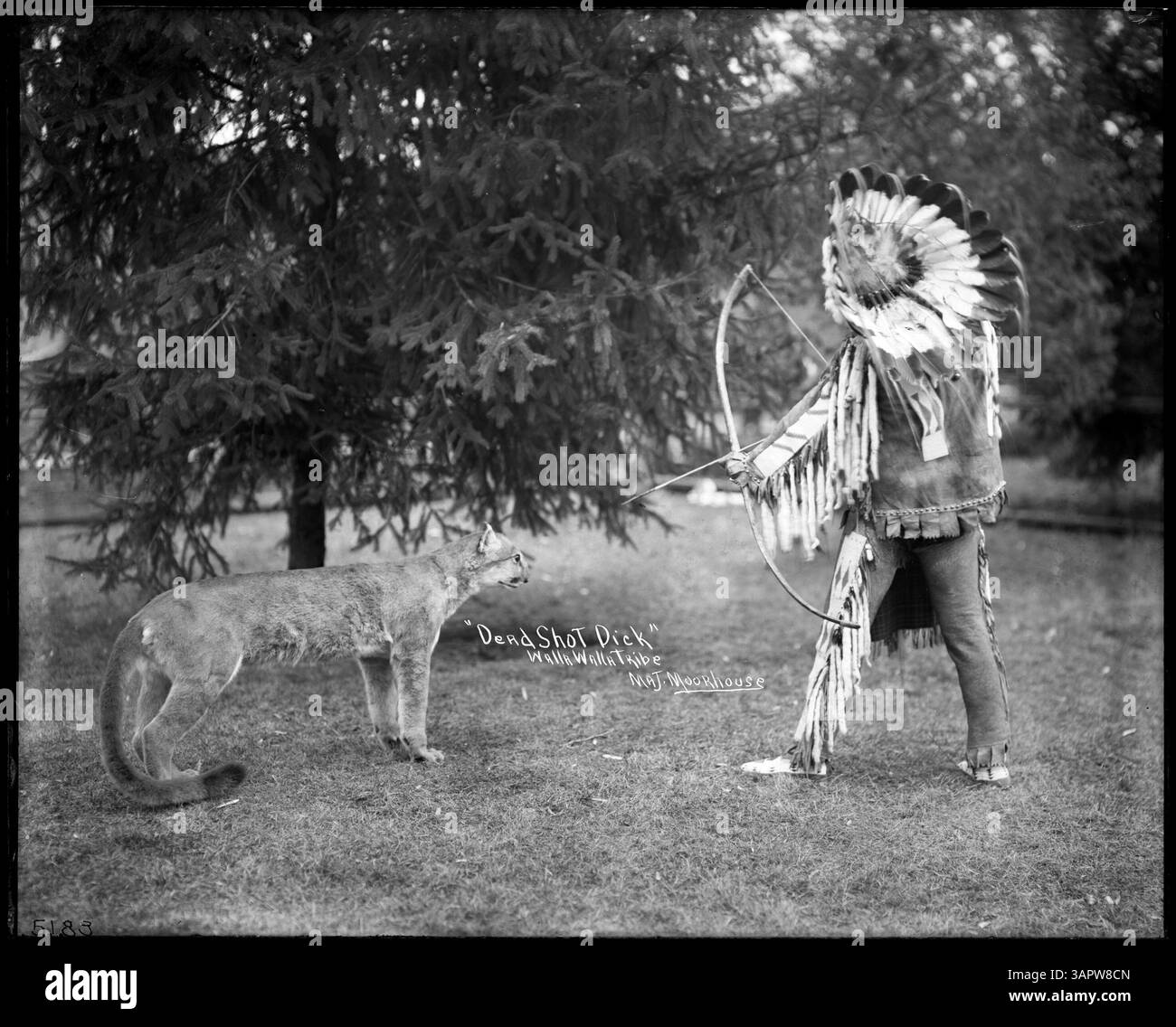 This photograph by Lee Moorhouse shows a Nez Perce Indian in war bonnet ...