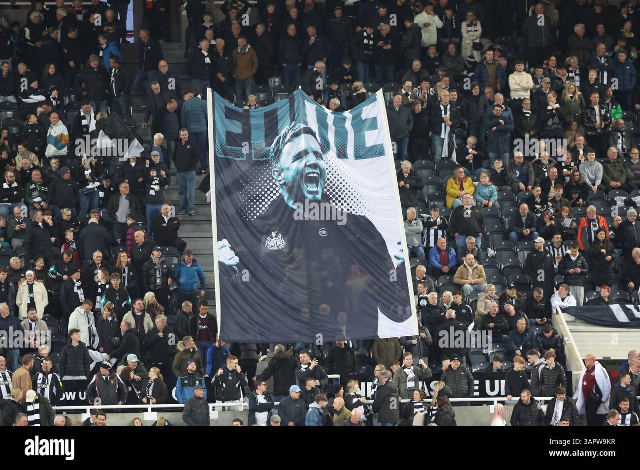 Newcastle Upon Tyne, UK. 16th Apr, 2025. Banner of Eddie Howe manager ...