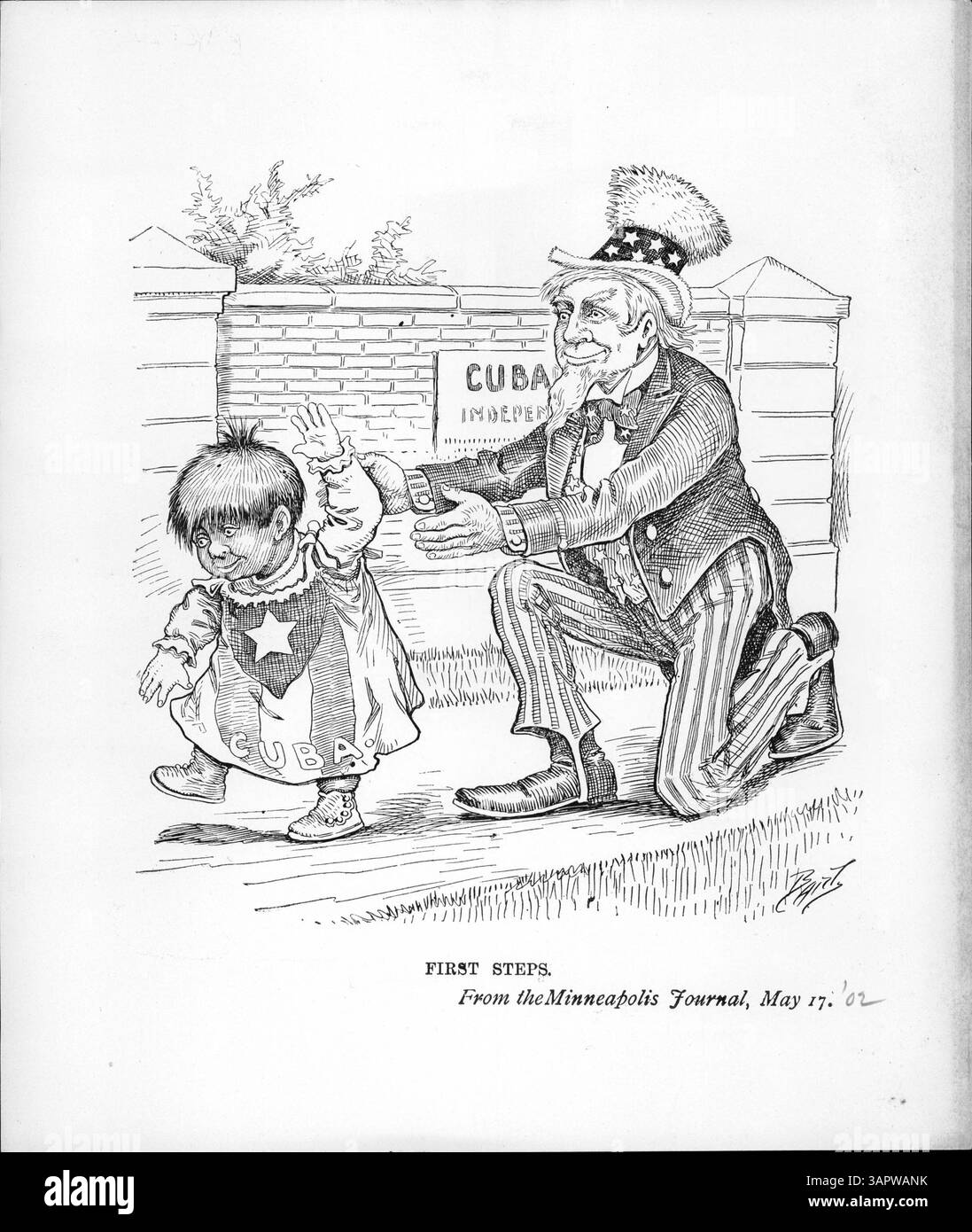 The illustration 'First Steps' depicts Uncle Sam releasing baby Cuba ...