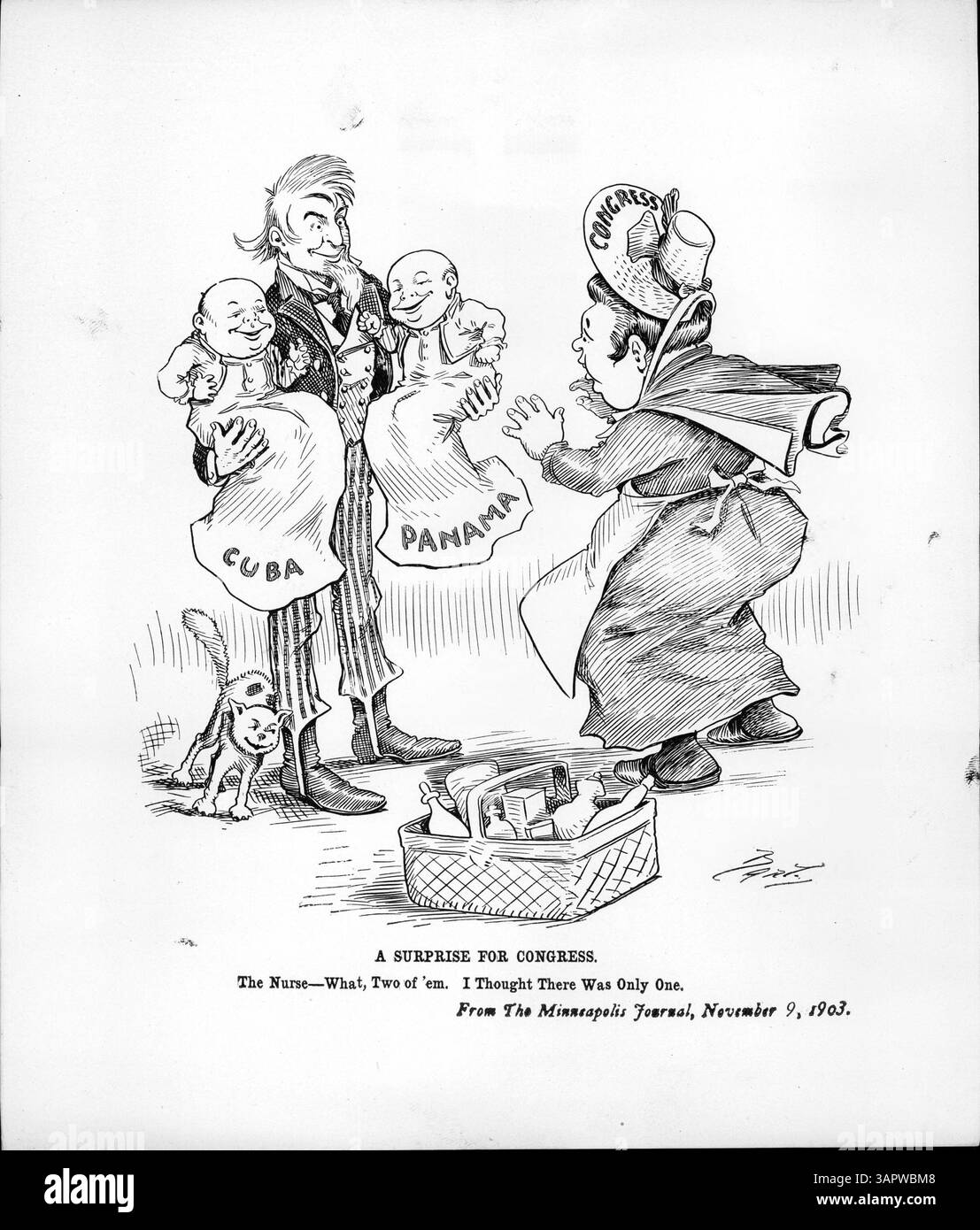 This political cartoon depicts Uncle Sam bringing both the Cuba and ...