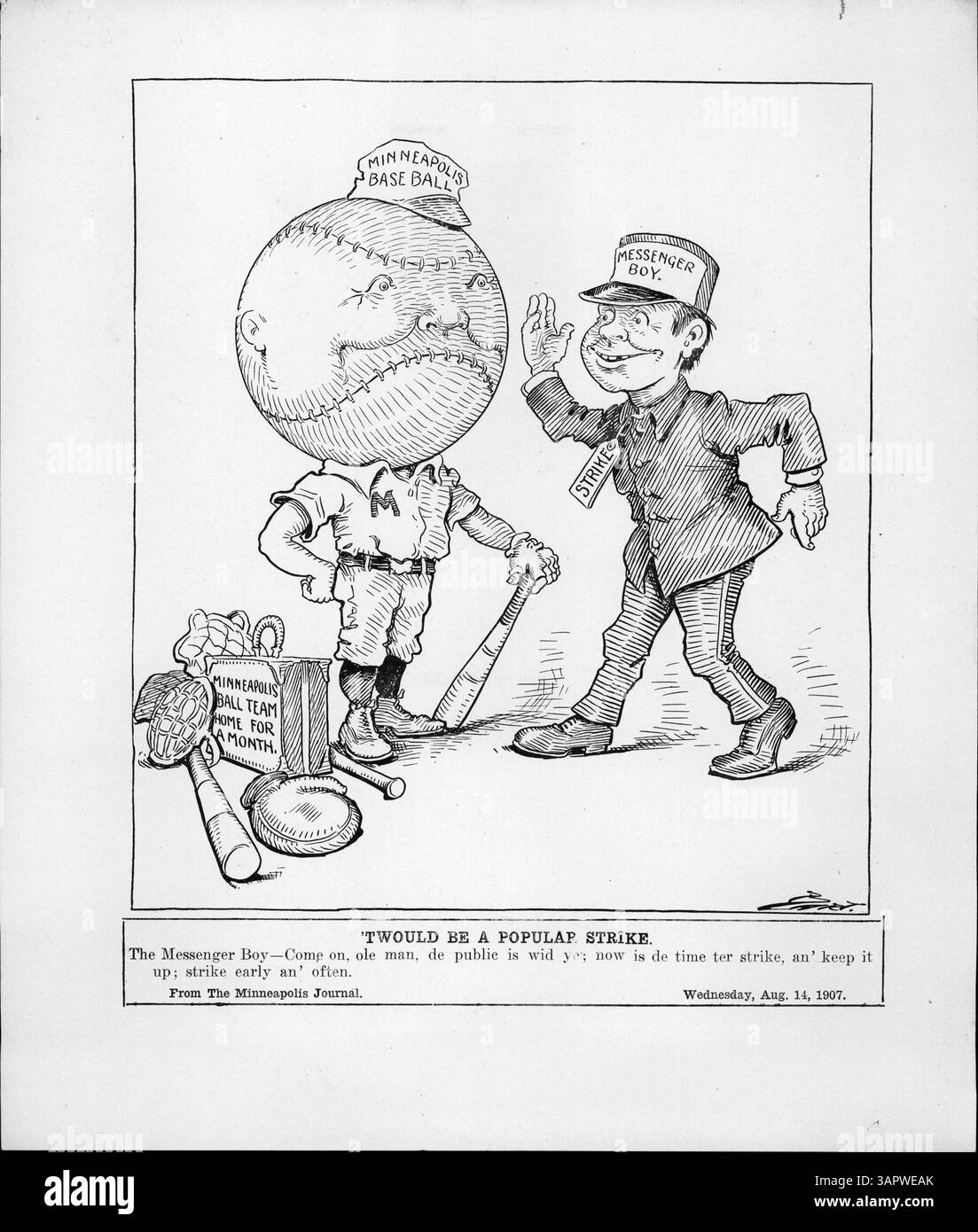 In this political cartoon, a Messenger Boy on strike urges Minneapolis ...