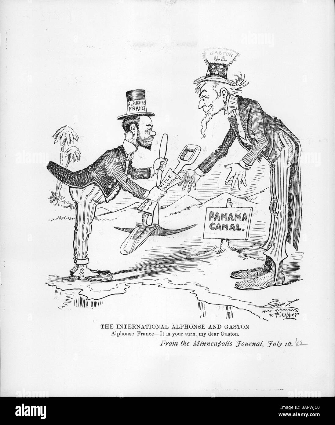 This cartoon depicts Alphonse France and Gaston U.S. exchanging a ...