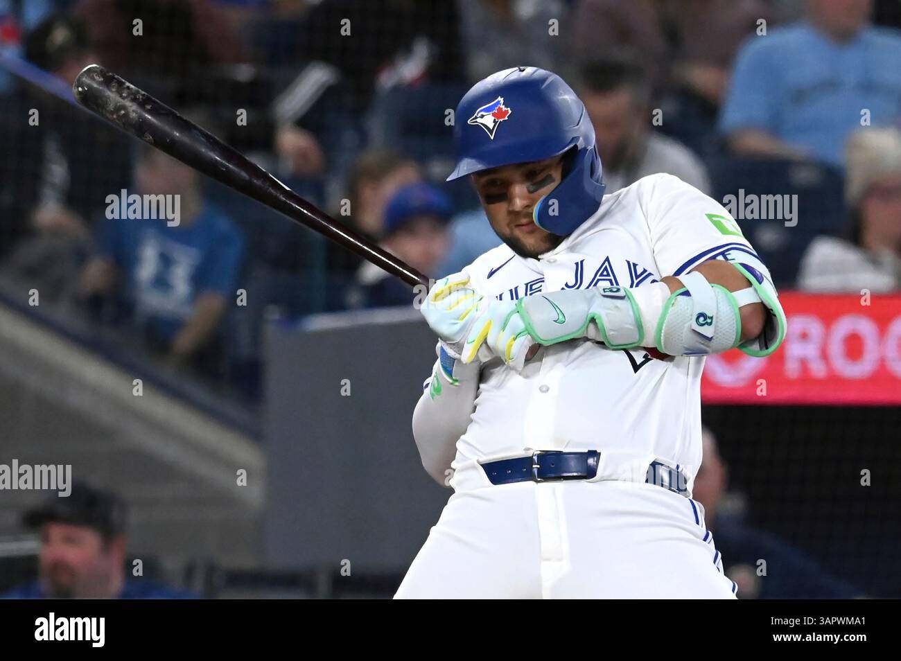 Toronto Blue Jays shortstop Bo Bichette (11) ducks away from an inside ...