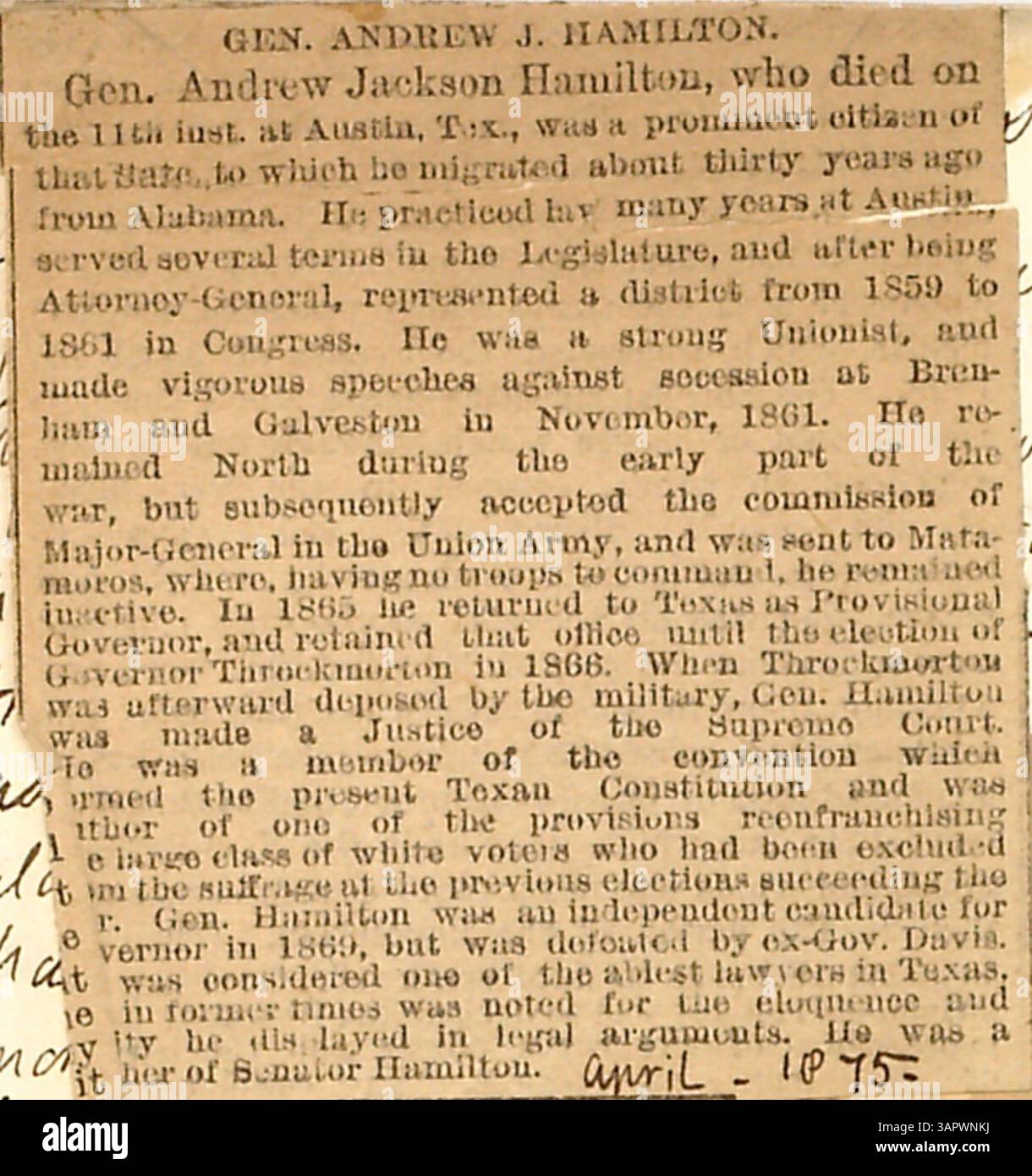 A newspaper clipping from April 1875 in Thomas Butler Gunn's Diaries ...