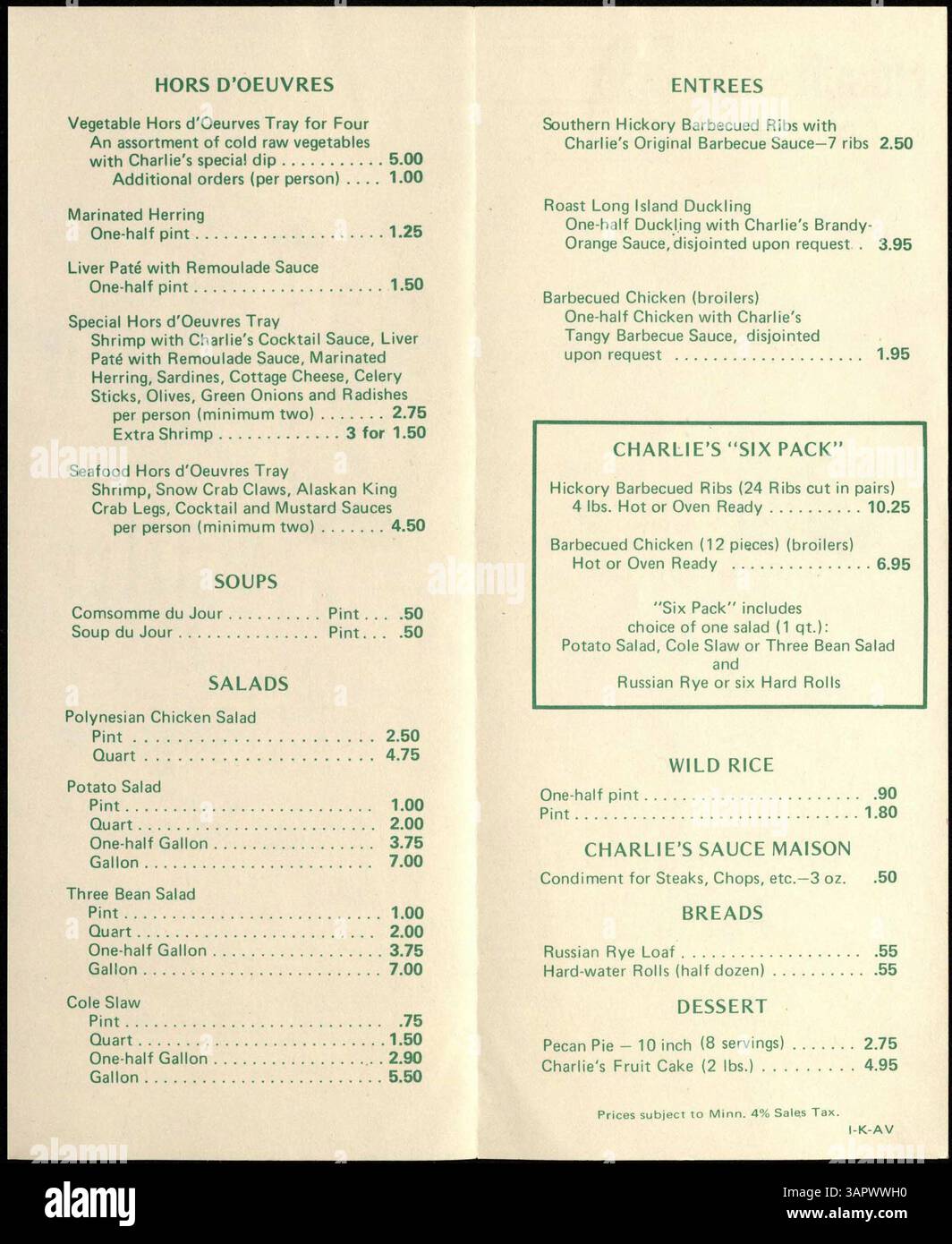 The 1974 menu from Charlie's Cafe Exceptionale features dishes like ...