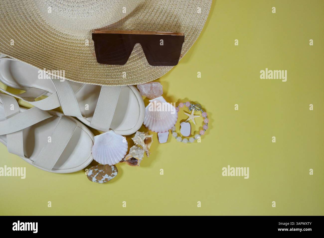 Summer travel vacation mood layout lifestyle spa wellness concept with beach accessories and ...