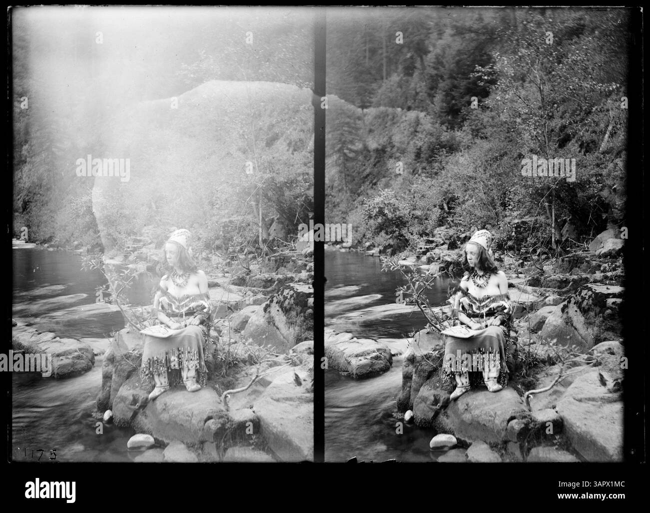 A stereo photograph by Lee Moorhouse of a tribal girl in regalia ...
