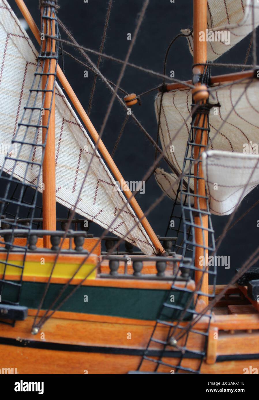 Masts, Sail Canvas and Sail Ropes of Historic Ship Wood Model on Black ...