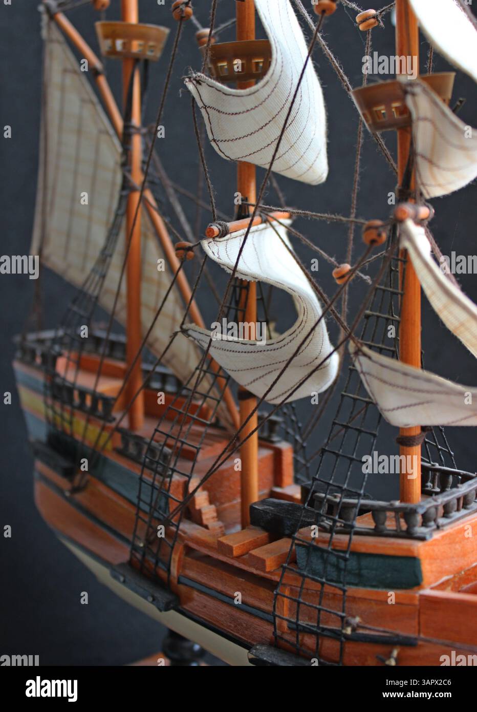 Upper Deck and Stern of a Three Masted Sailing Ship Model with Sails ...