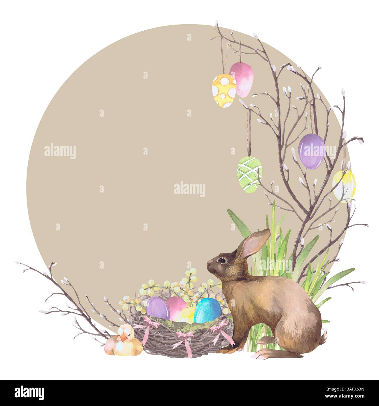 Easter eggs in nest, rabbit, willow branches with eggs, hyacinths ...