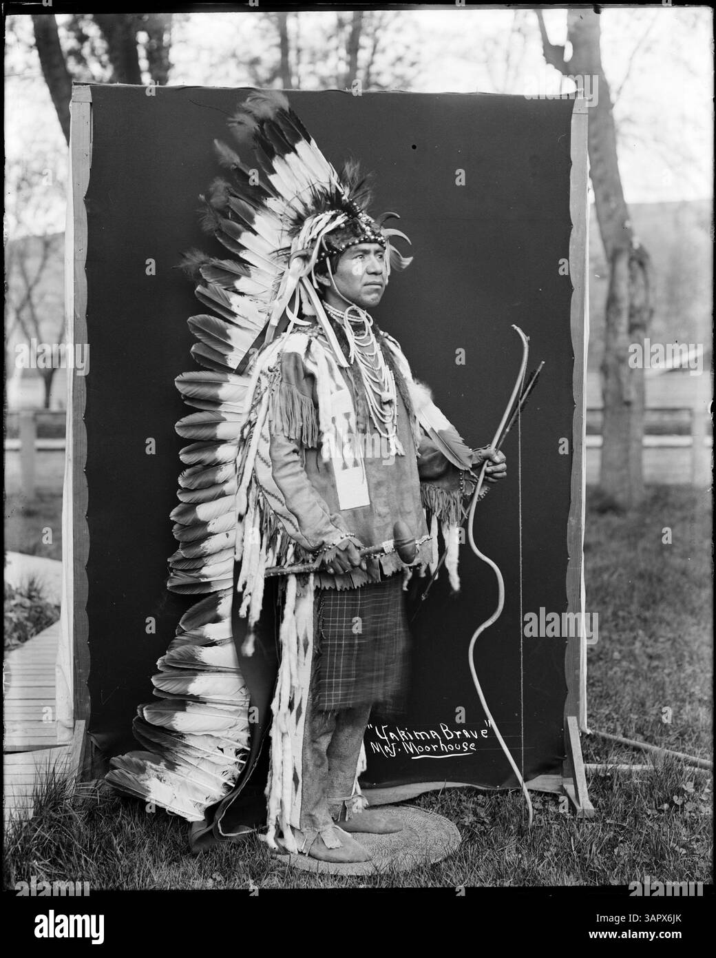 A photograph of a Yakima Indian in a war bonnet, captured in various ...