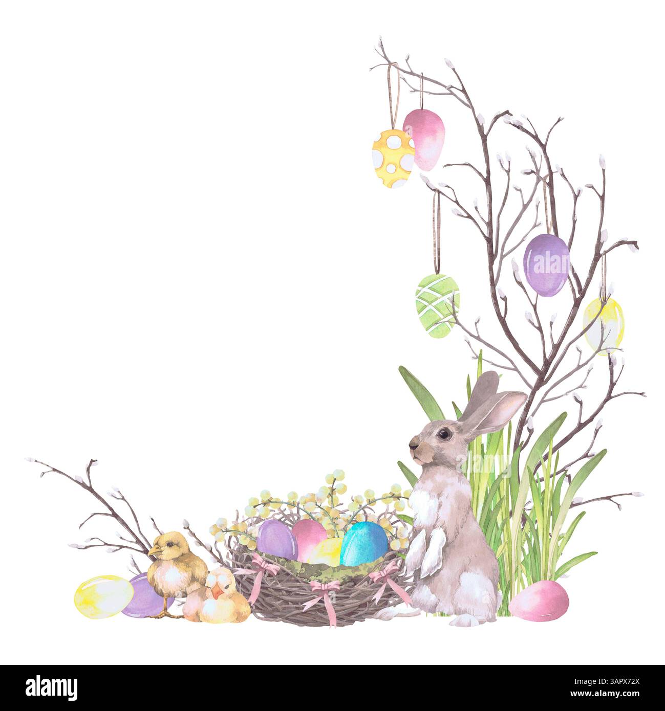 Easter eggs in nest, rabbit, willow branches with eggs, hyacinths ...