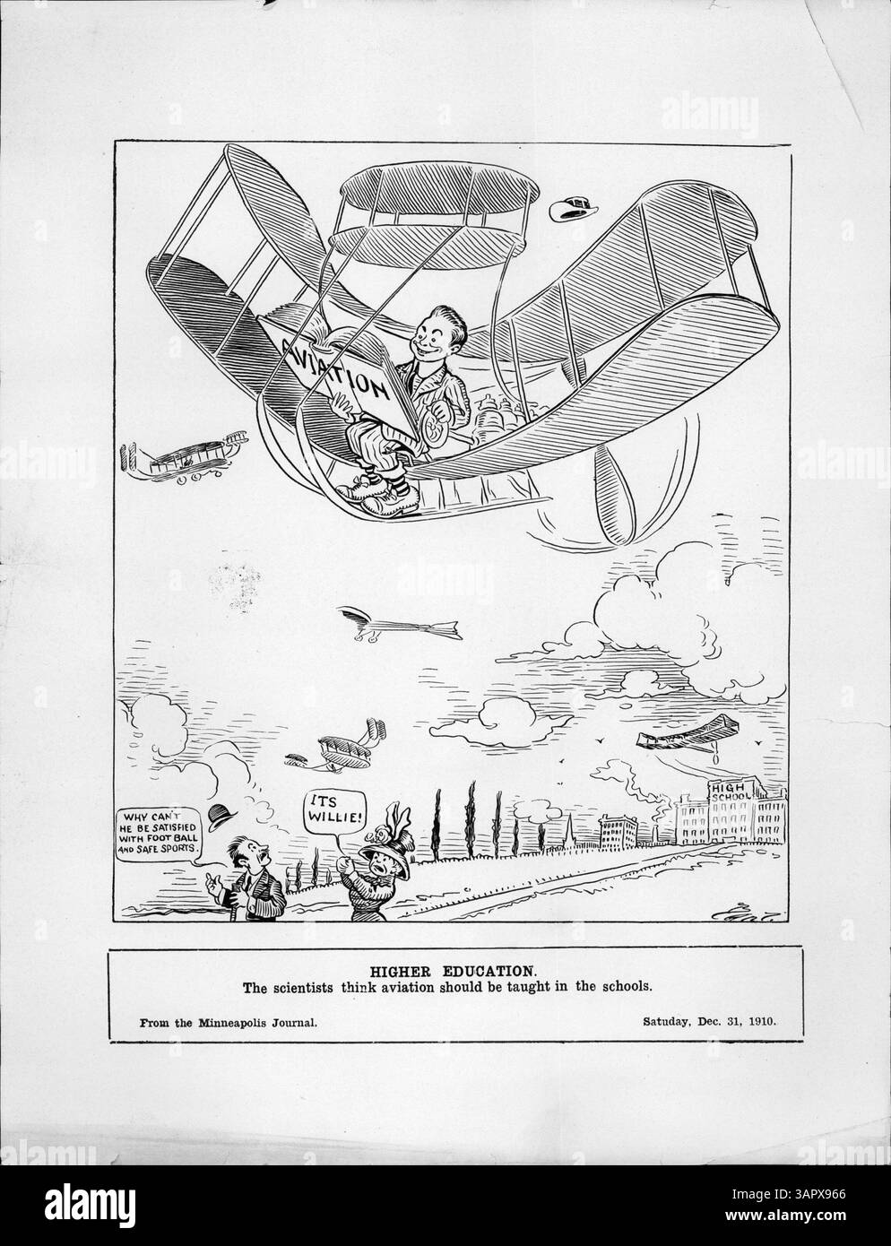 This illustration depicts a man flying a biplane while reading a book ...