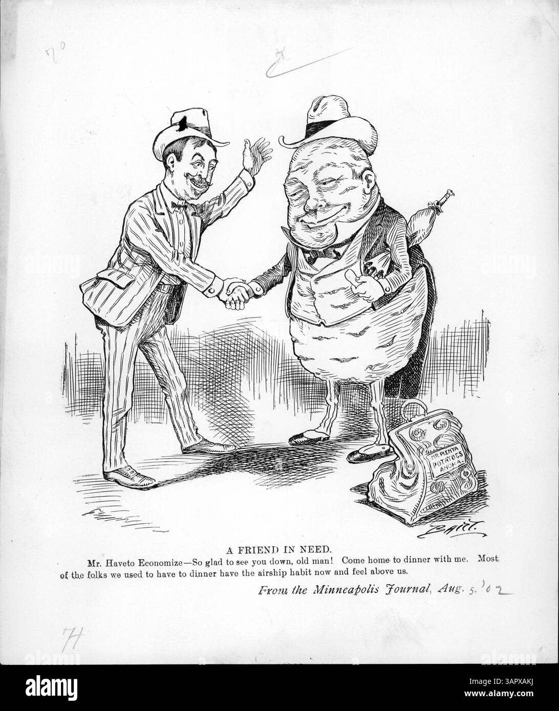 This 1930s-era poster humorously depicts Mr. Haveto Economize offering ...