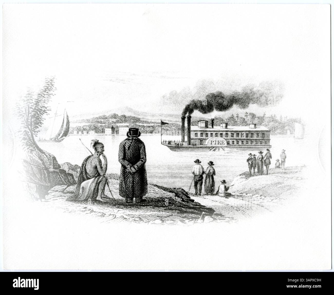 A black and white photograph depicting settlers and an American Indian ...