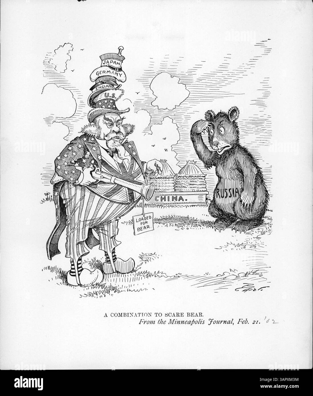 A political illustration showing a composite figure of Japan, Germany ...