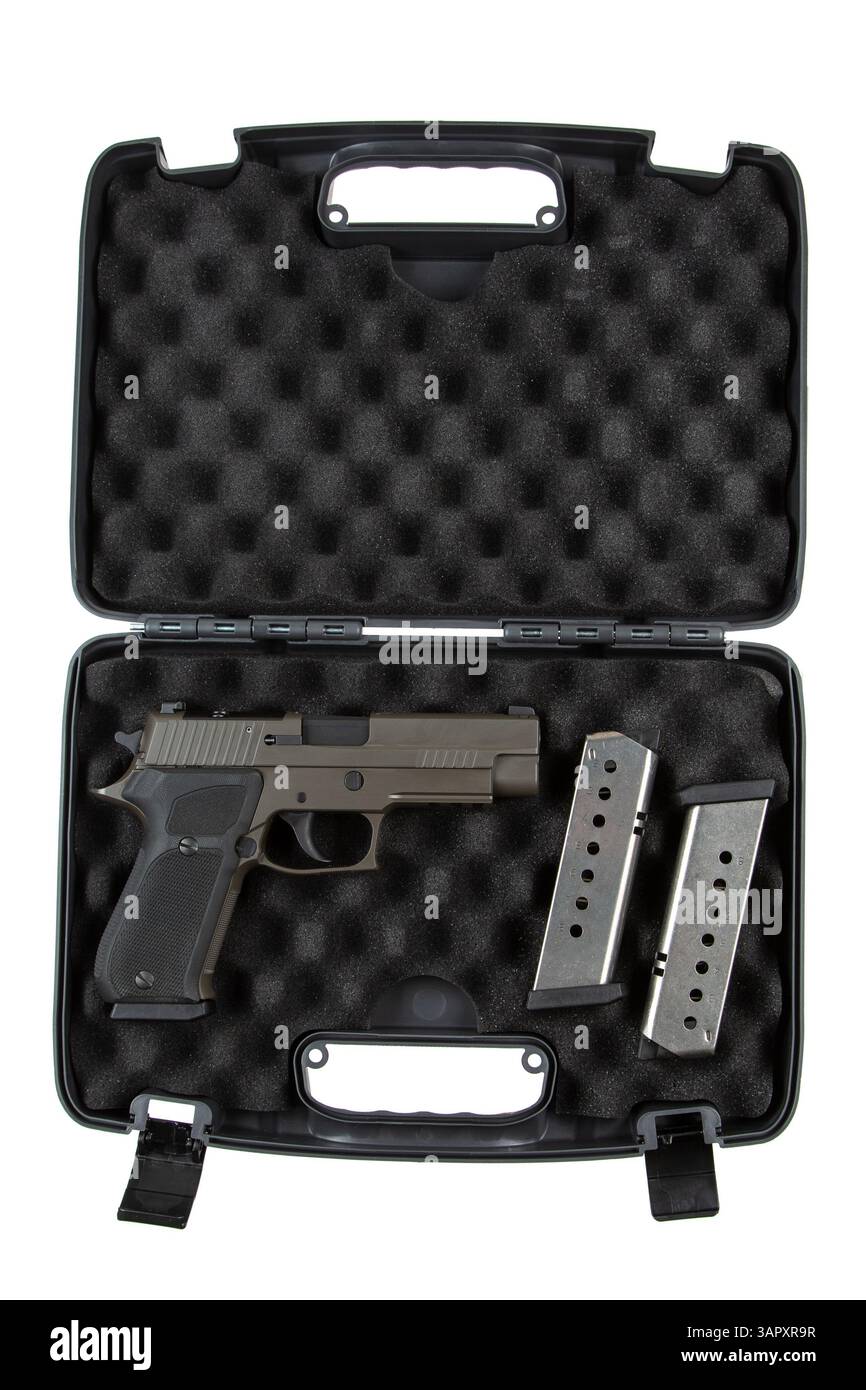 Compact handgun with two magazines in protective foam case, top-down ...