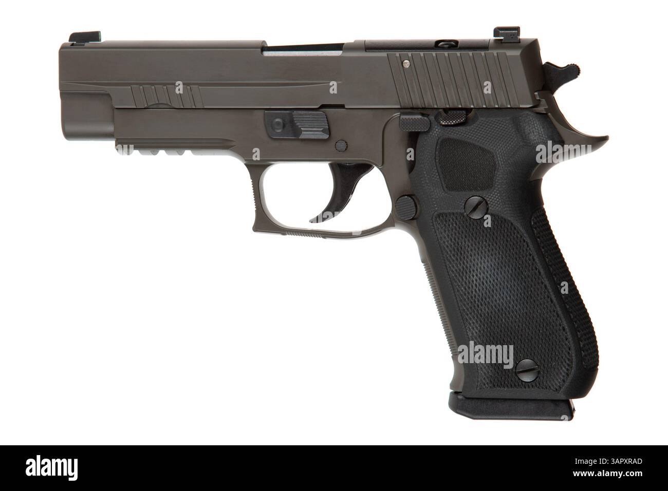 Side view of a modern tactical semi-automatic pistol with black grip ...