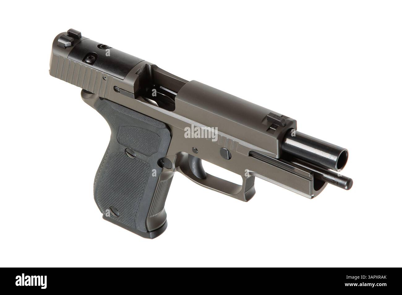 Modern semi-auto pistol with slide locked back and exposed chamber ...