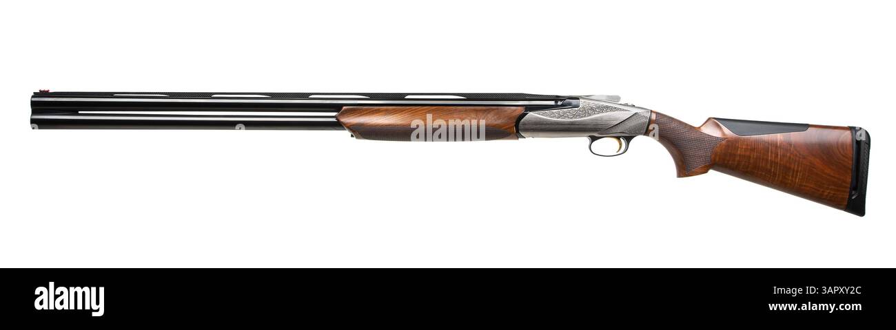 Side view of a luxury double-barrel over-under shotgun with wood and ...