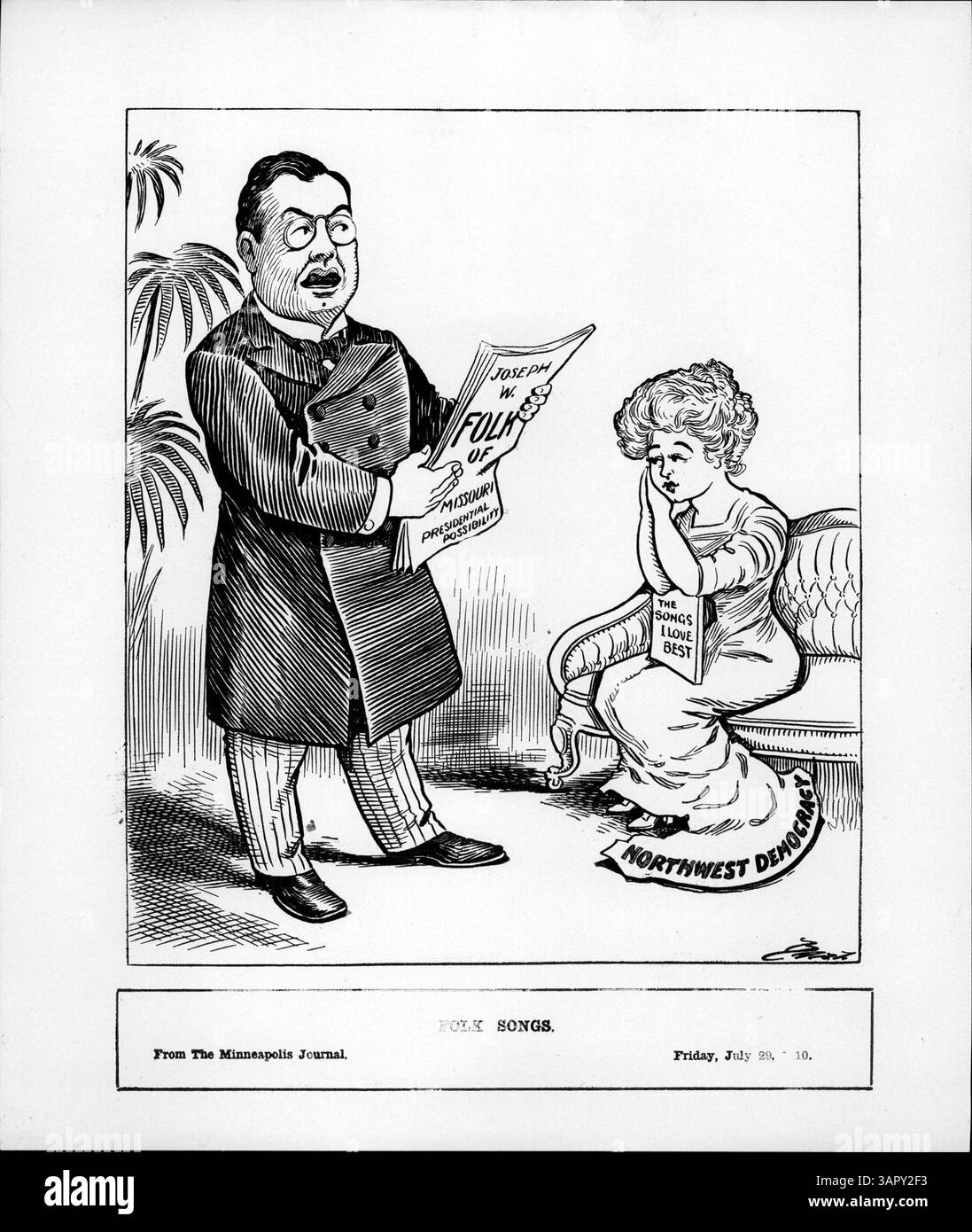 Former Missouri Governor Joseph W. Folk, depicted in a cartoon, sings ...