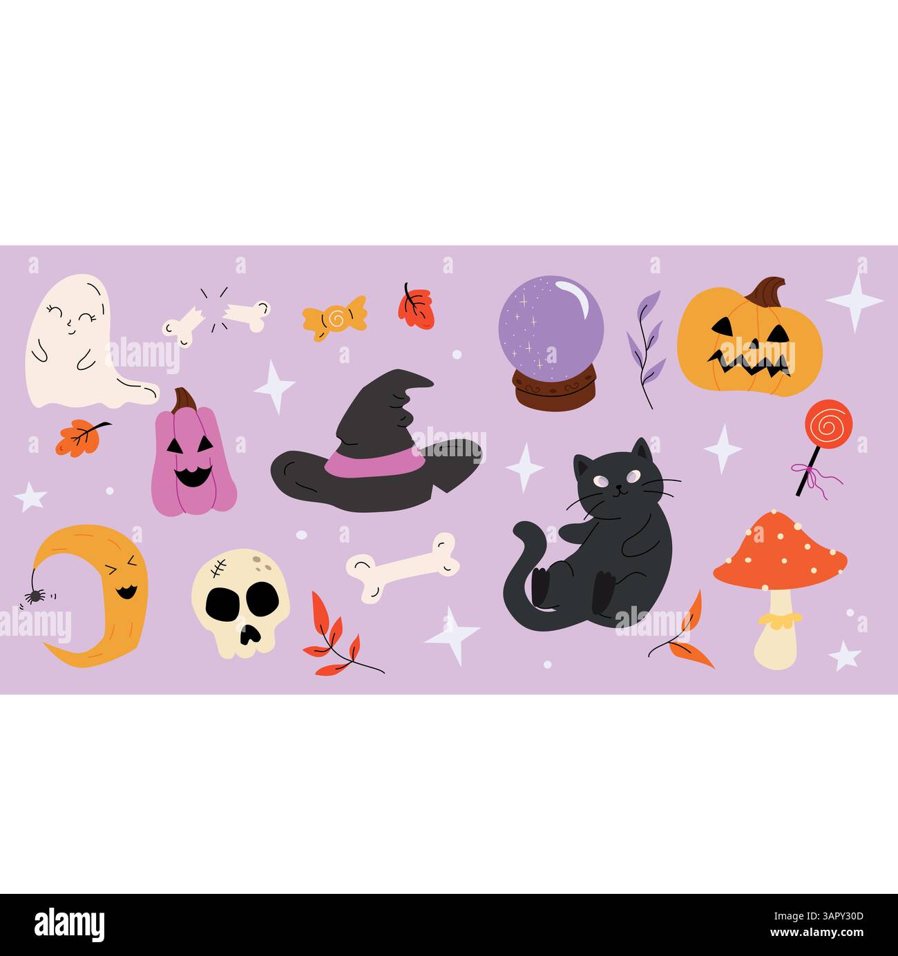 Cute Halloween-themed illustrations featuring a black cat, pumpkin ...