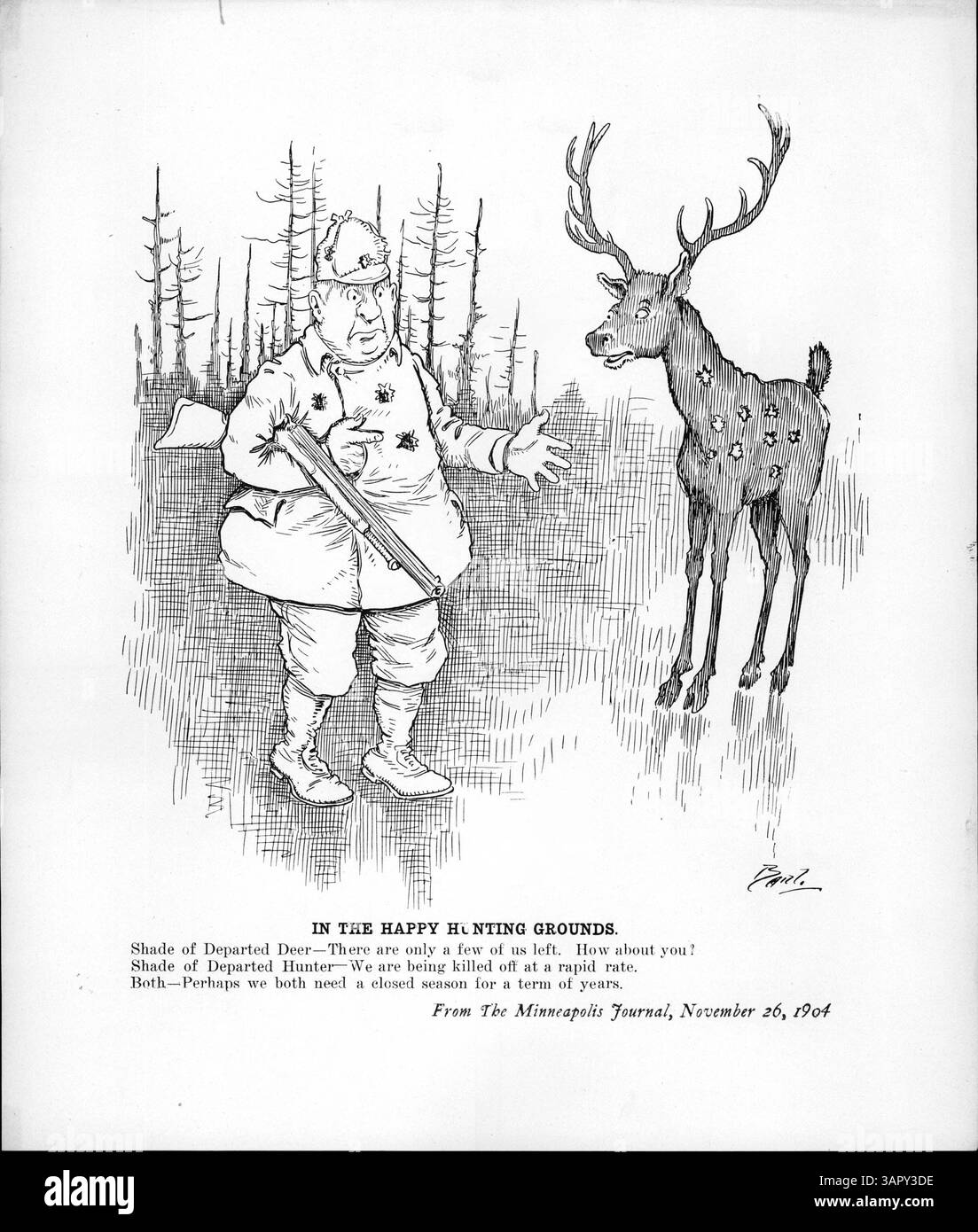 In this illustration, a hunter, wounded by bullets, converses with a ...