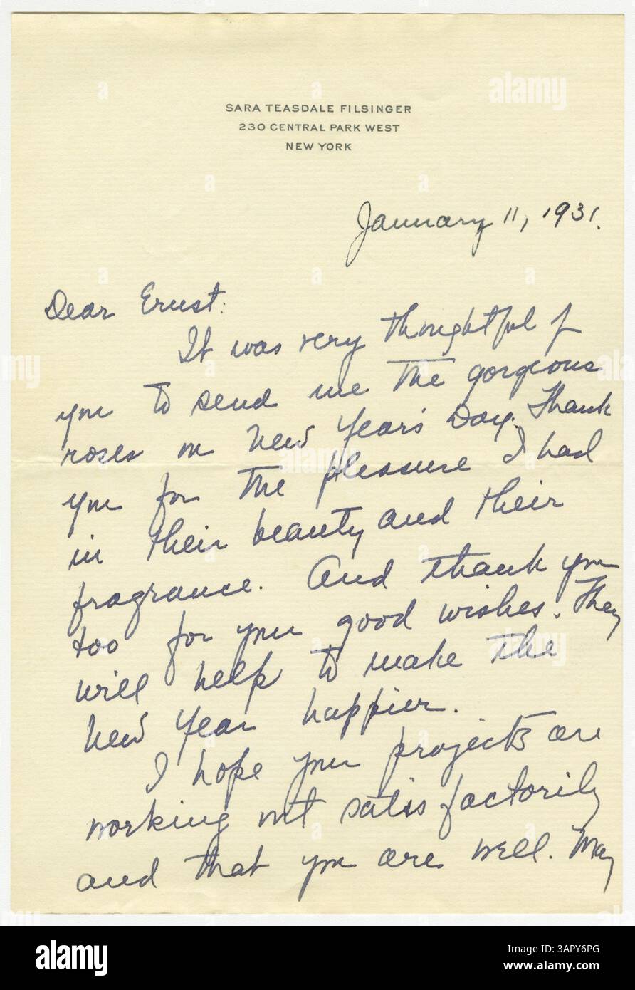 Letter from Sara Teasdale Filsinger to Ernst, thanking him for sending ...