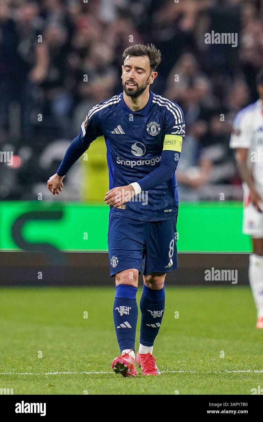 Lyon, France. 10th Apr, 2025. Manchester United midfielder Bruno ...