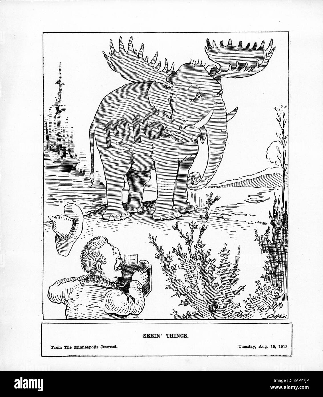 In this illustration, Theodore Roosevelt is startled by an elephant ...