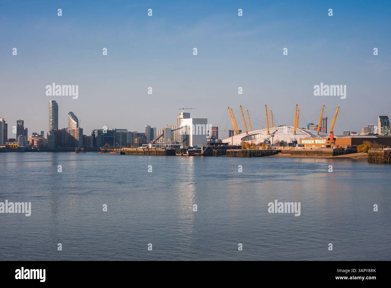 O2 Arena and River Thames with Monier Wharf Sign in London Stock Photo ...