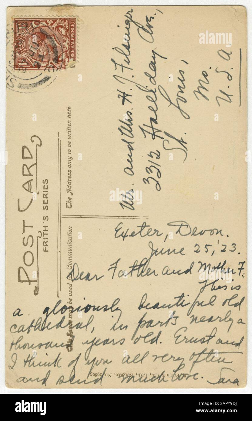 This postcard, signed by Sara and dated June 25, 1923, from Exeter ...